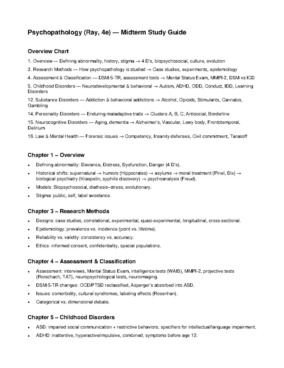 Psychopathology (Ray, 4e) Midterm Study Guide Overview Chart - Studocu