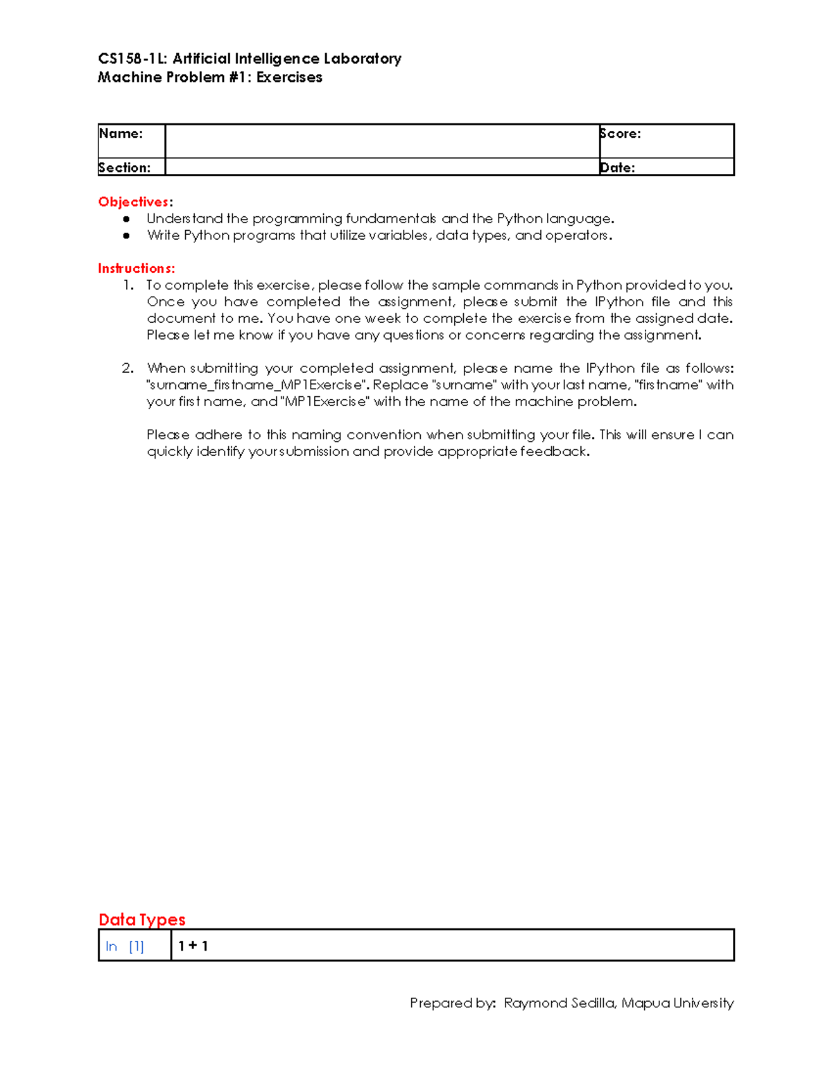 Machine Problem 1 (MP1): Python Fundamentals Exercises - Studocu