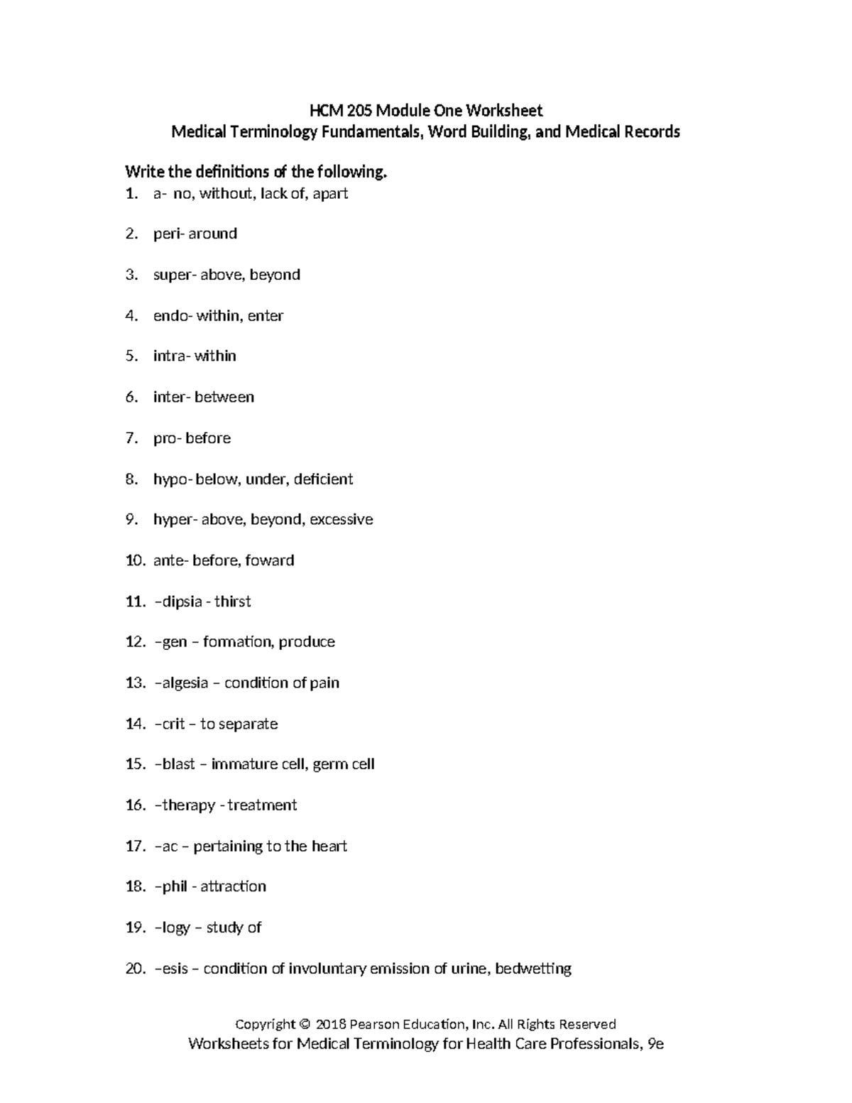 HCM 205 Module One worksheet on medical terminology and word building ...