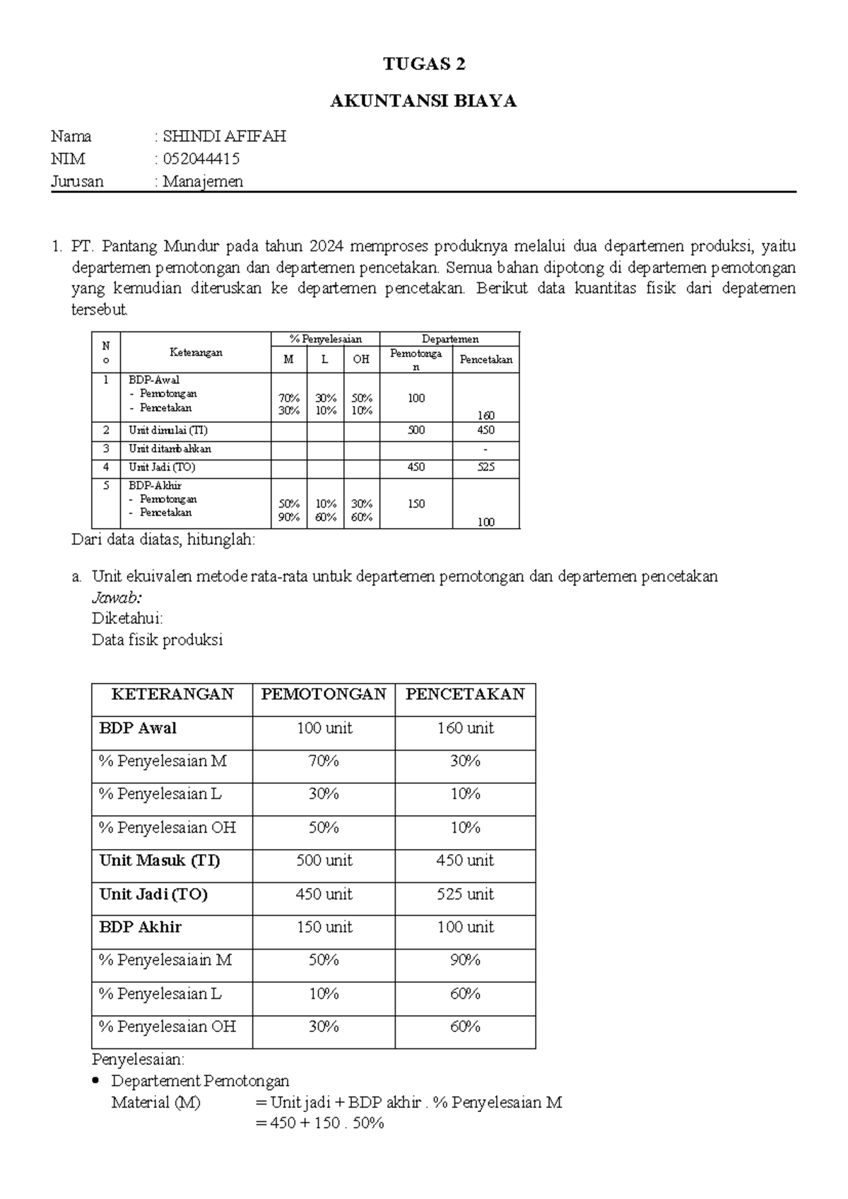 Tugas 2 Akuntansi Biaya - EKMA4315 oleh Shindi Afifah - Studocu