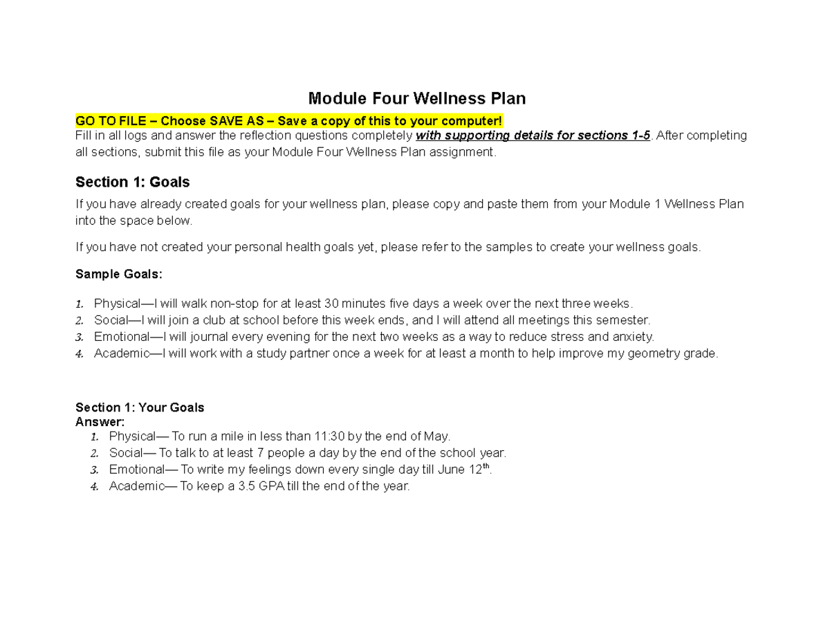 Module 4 Wellness Plan: Goals, Assessments, and Activity Logs - Studocu
