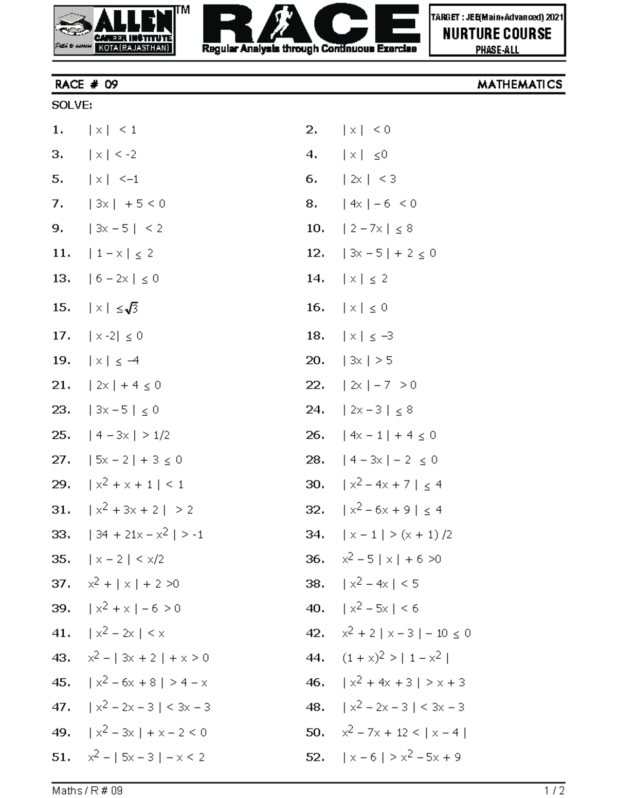 TM TARGET: 2021 NURTURE COURSE RACE 09 MATH PRACTICE SOLUTIONS - Studocu