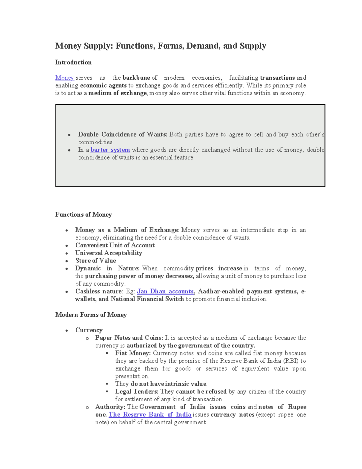 Money Supply: Functions, Forms, Demand & Supply Overview (ECO101) - Studocu