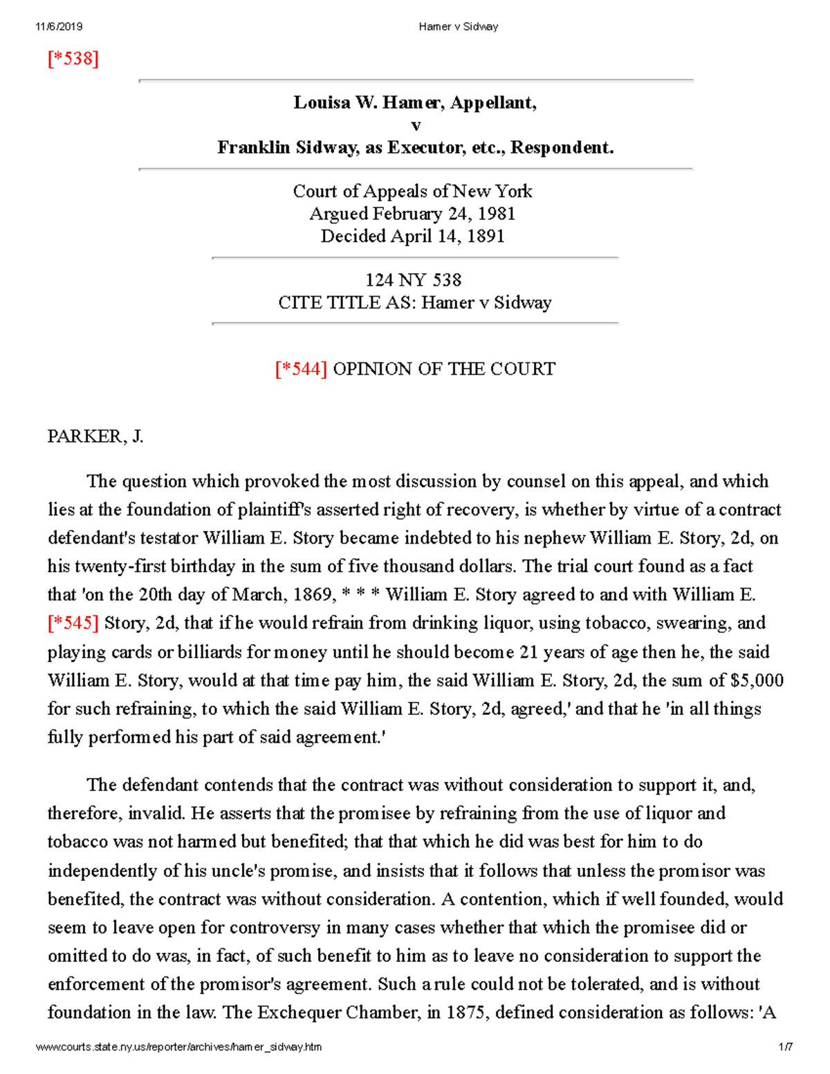 Hamer v Sidway - n/a - [*538] Louisa W. Hamer, Appellant, v Franklin ...
