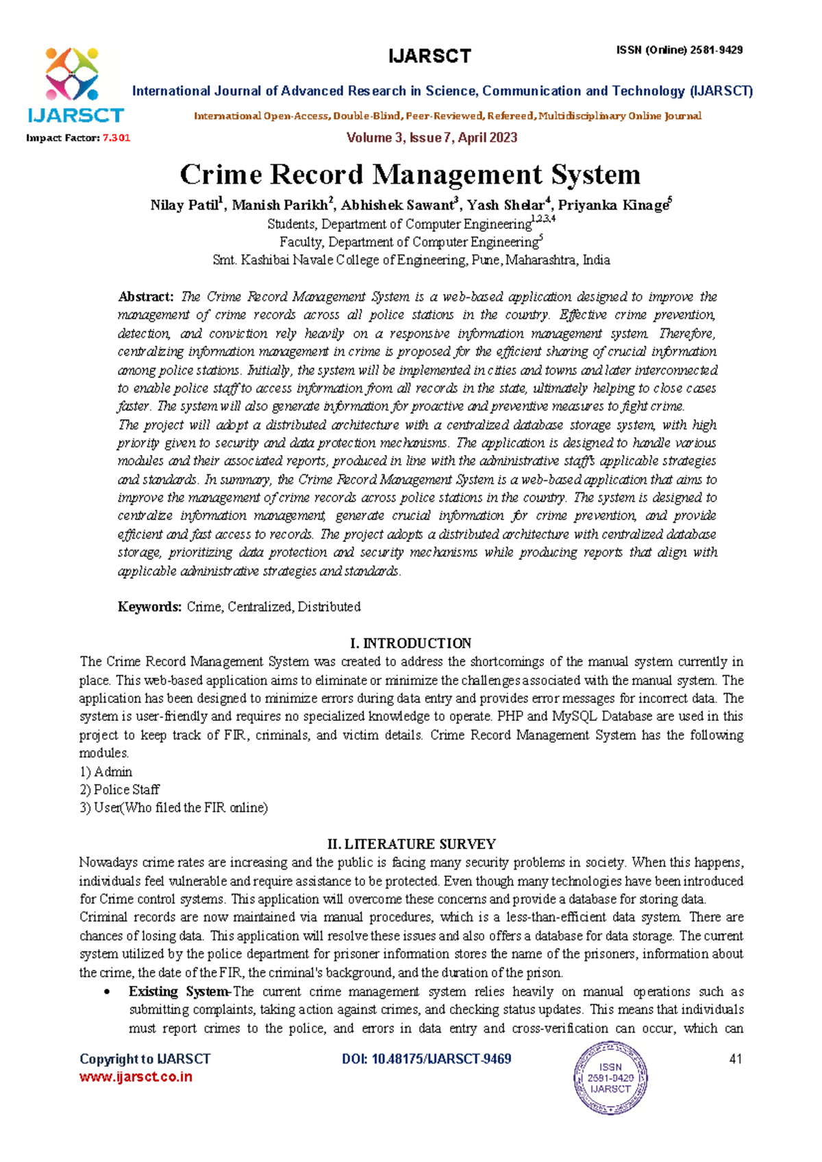 Criminal Record Management System: Project Report (CSE-2023) - Studocu