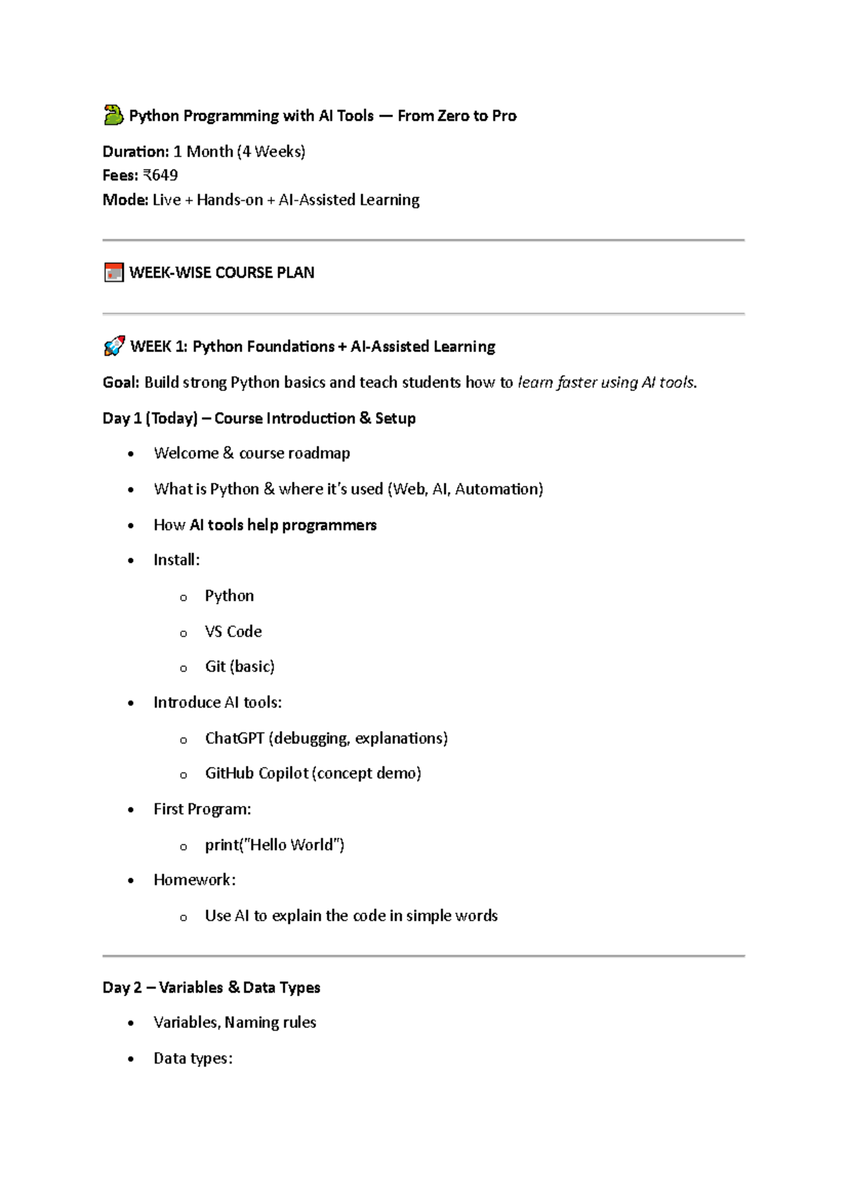 Python Programming with AI Tools: From Zero to Pro (Live Course) - Studocu