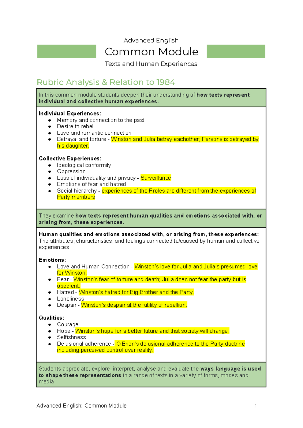 Common Module Advanced English - 1984 Human Experiences Notes - Studocu