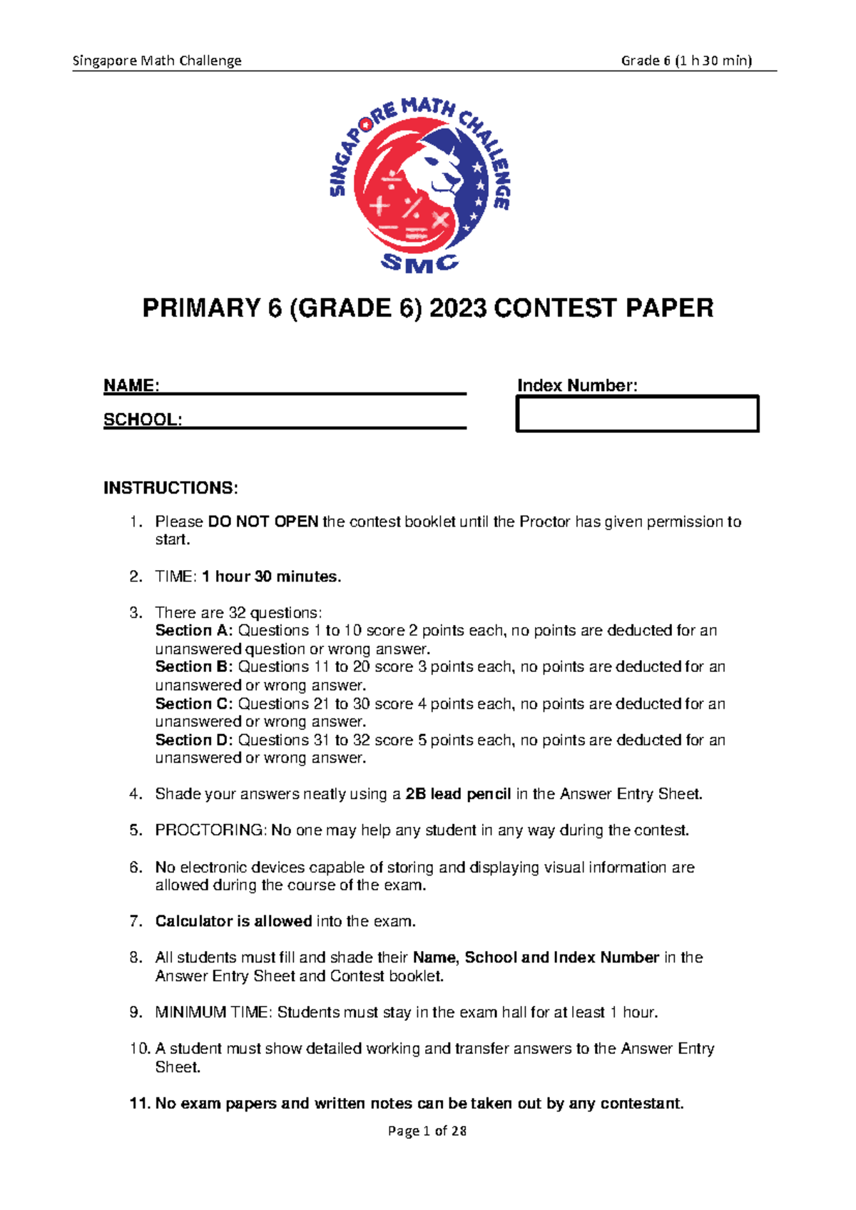 2023 Singapore Math Challenge Grade 6 Contest Paper (1h 30min) - Studocu