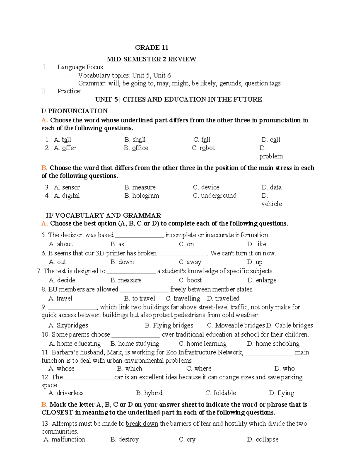 TA11 - Mid-Semester 2 Review: Vocabulary & Grammar Focus - Studocu