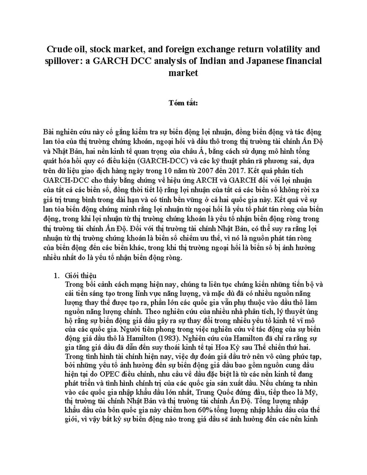 Nghiên cứu GARCH-DCC: Biến động dầu, chứng khoán, ngoại hối DCC-GARCH - Studocu