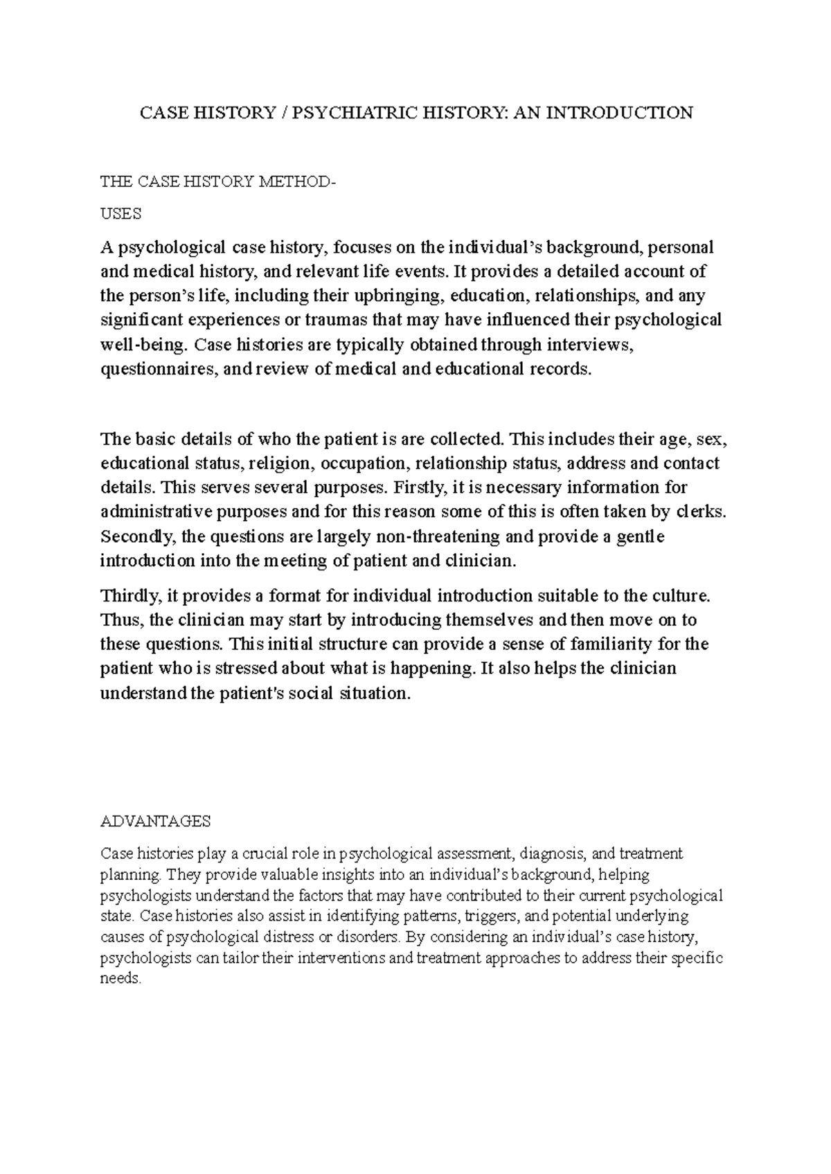 MSE 200 - Psychiatric Case History and Clinical Assessment Notes - Studocu