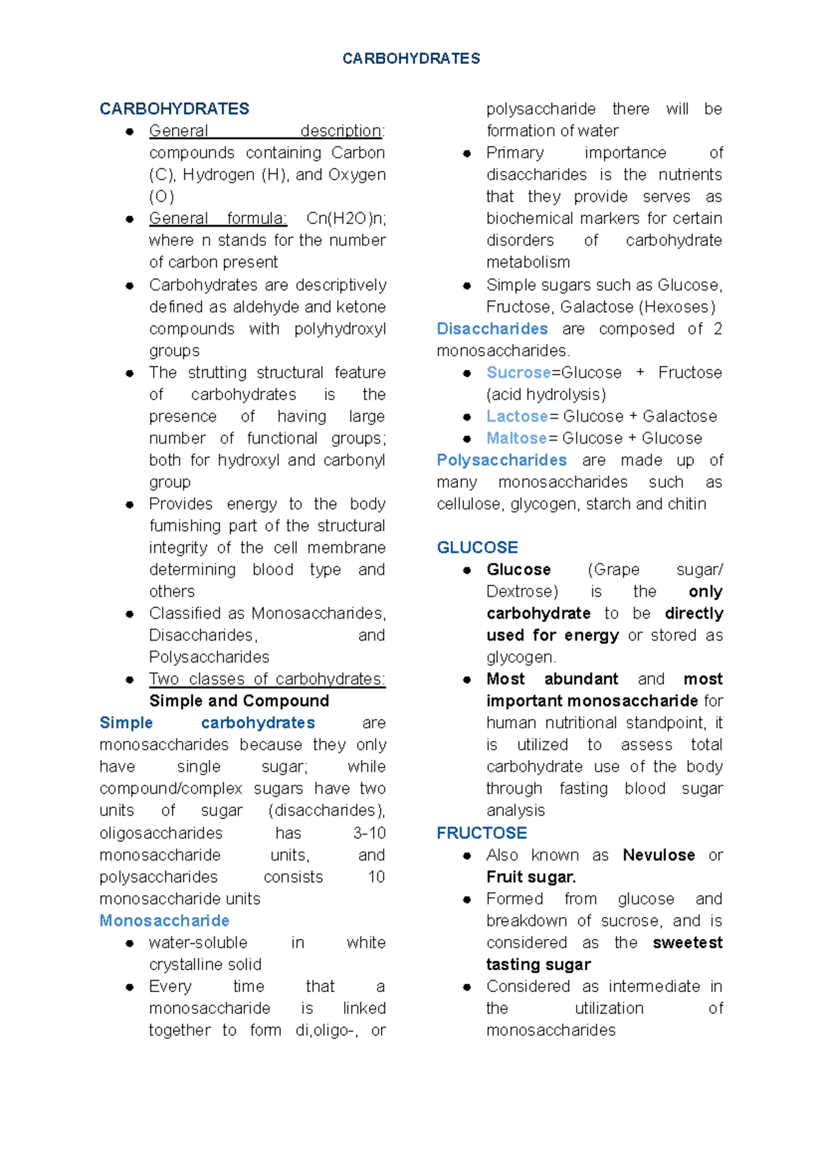 CARBOHYDRATES: Comprehensive Overview and Metabolism Insights - Studocu