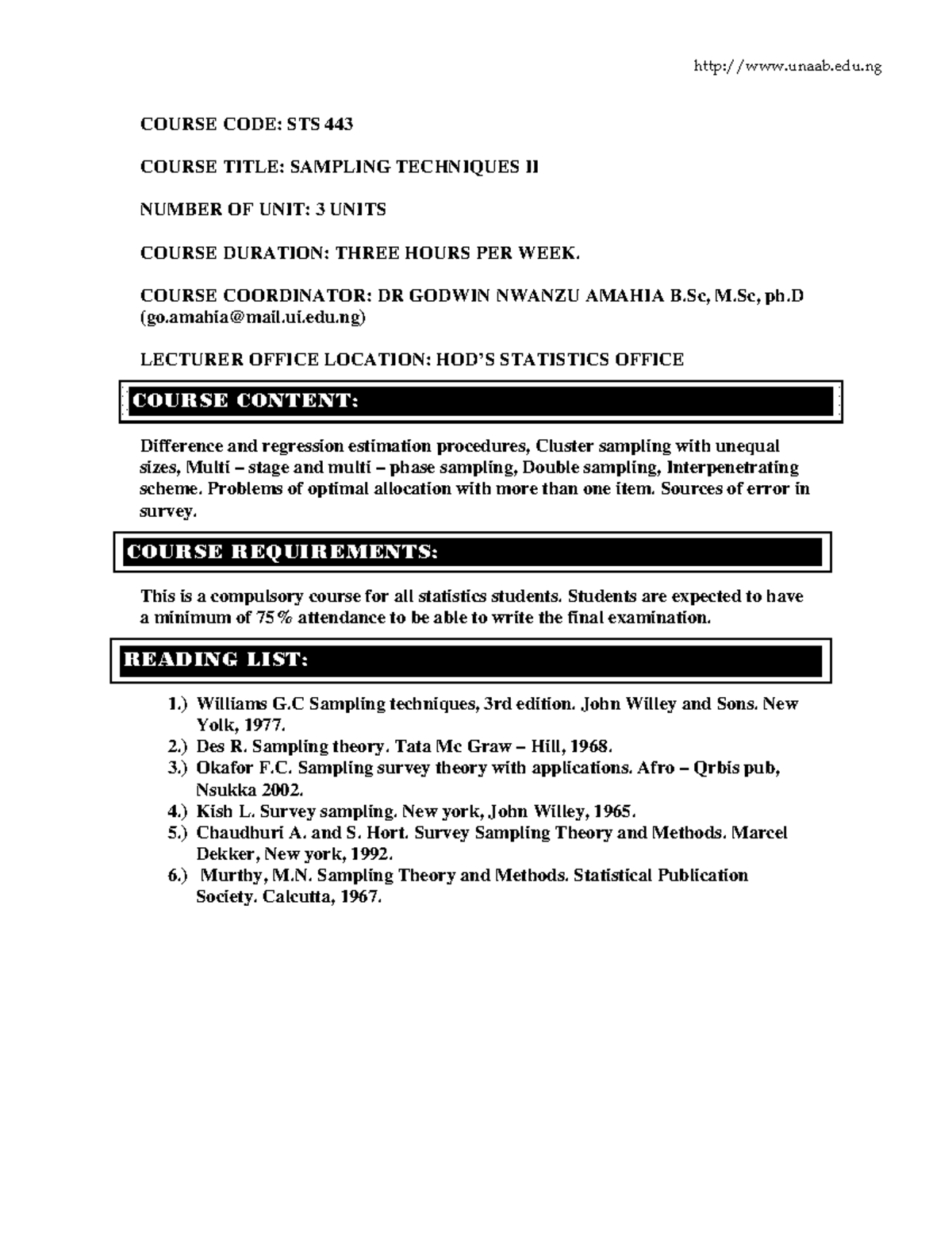 Sampling Techniques II: Advanced Concepts and Applications (STS 443) - Studocu