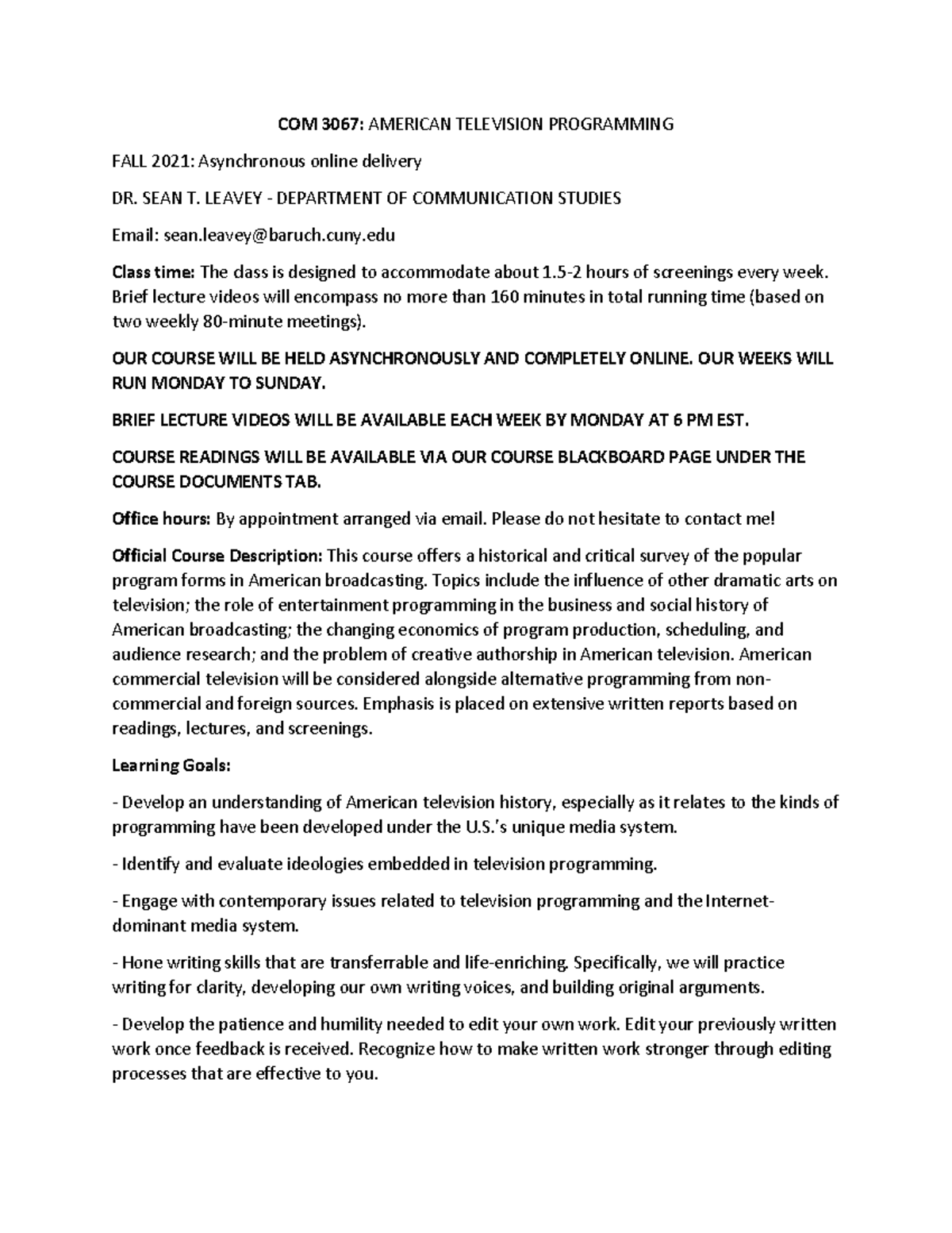 COM 3067 American TV Programming Syllabus - COM 3067: AMERICAN ...