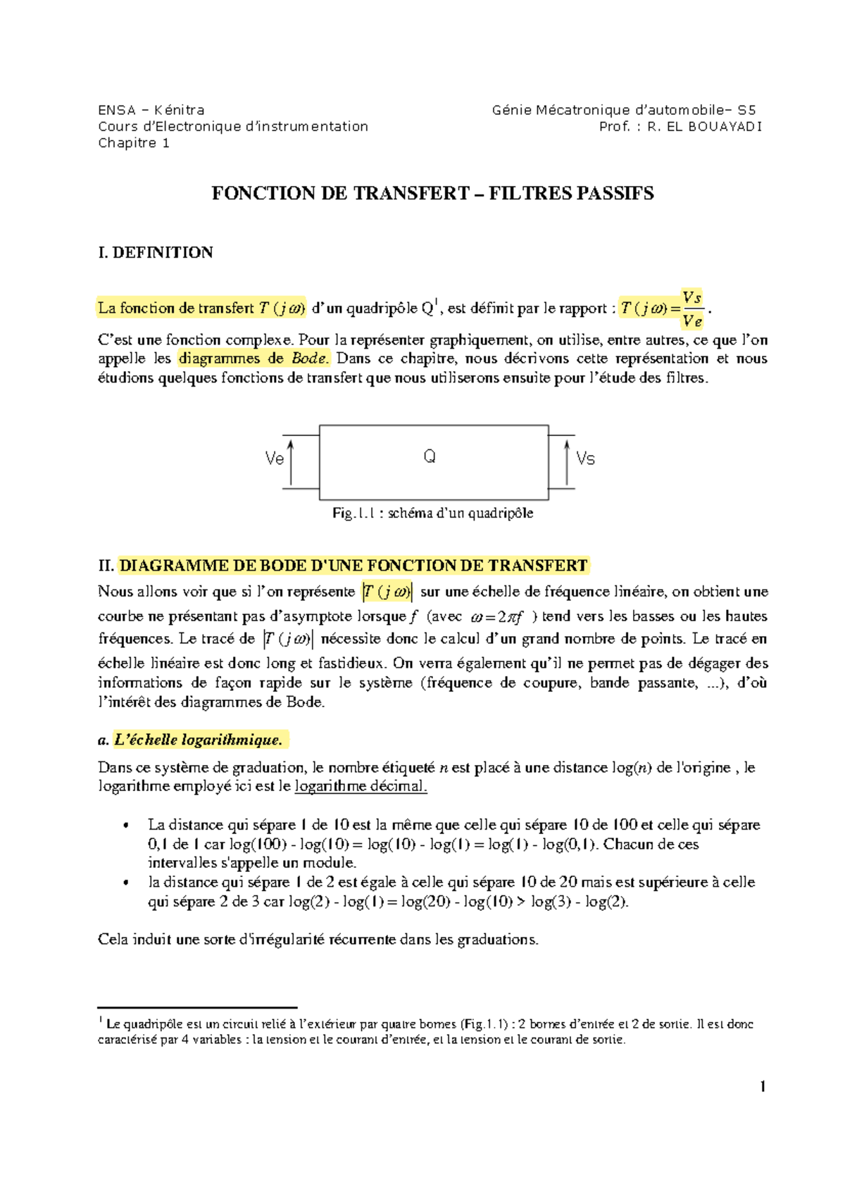 ENSA Kénitra Cours Chapitre 1 Génie Mécatronique S5 - Fonction de ...