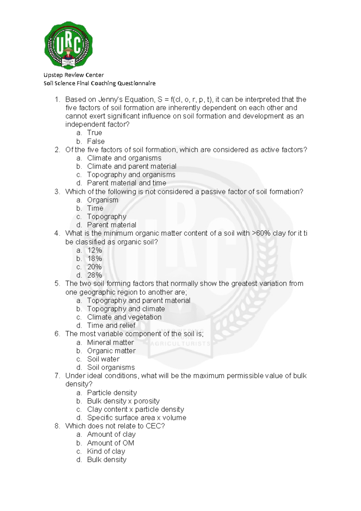 UPLB Soil Science 2023FC Final Exam Coaching Questionnaire - Studocu