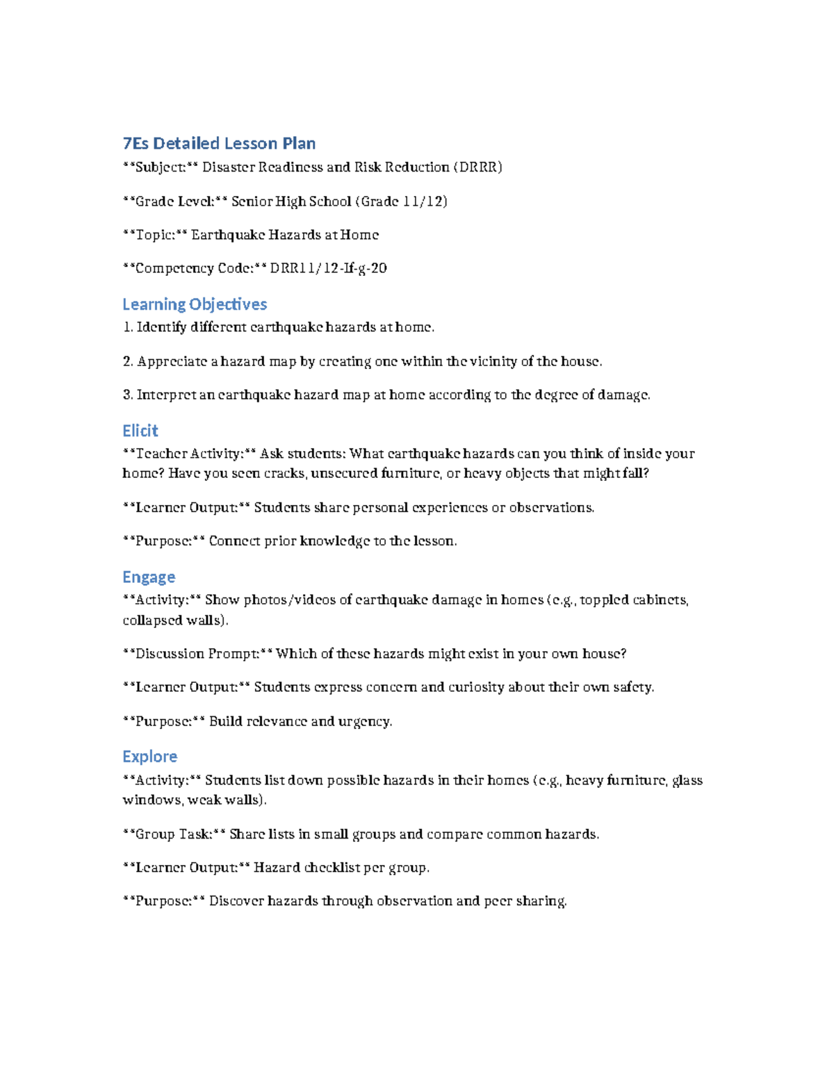 BEST 7Es Lesson Plan: Earthquake Hazards for Senior High School - Studocu
