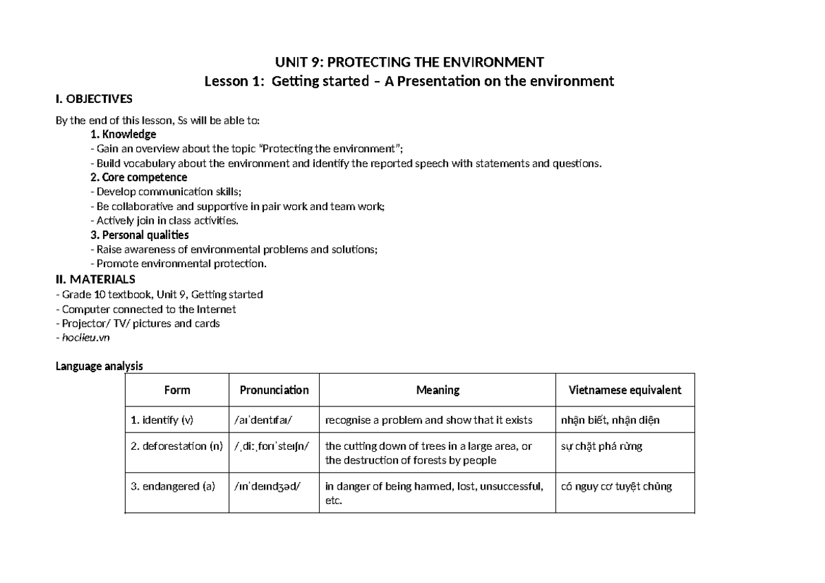 Unit 9: Protecting the environment lesson 1-4 overview and activities ...