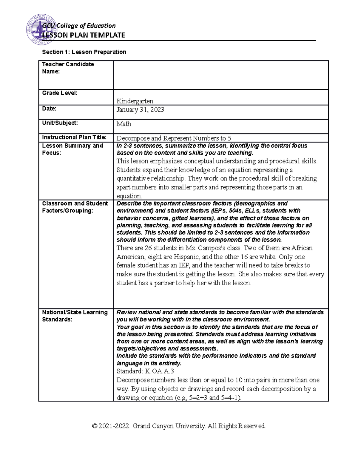 ECE-230-T3 Clinical Field Experience B: Math Lesson Plan on Numbers to ...