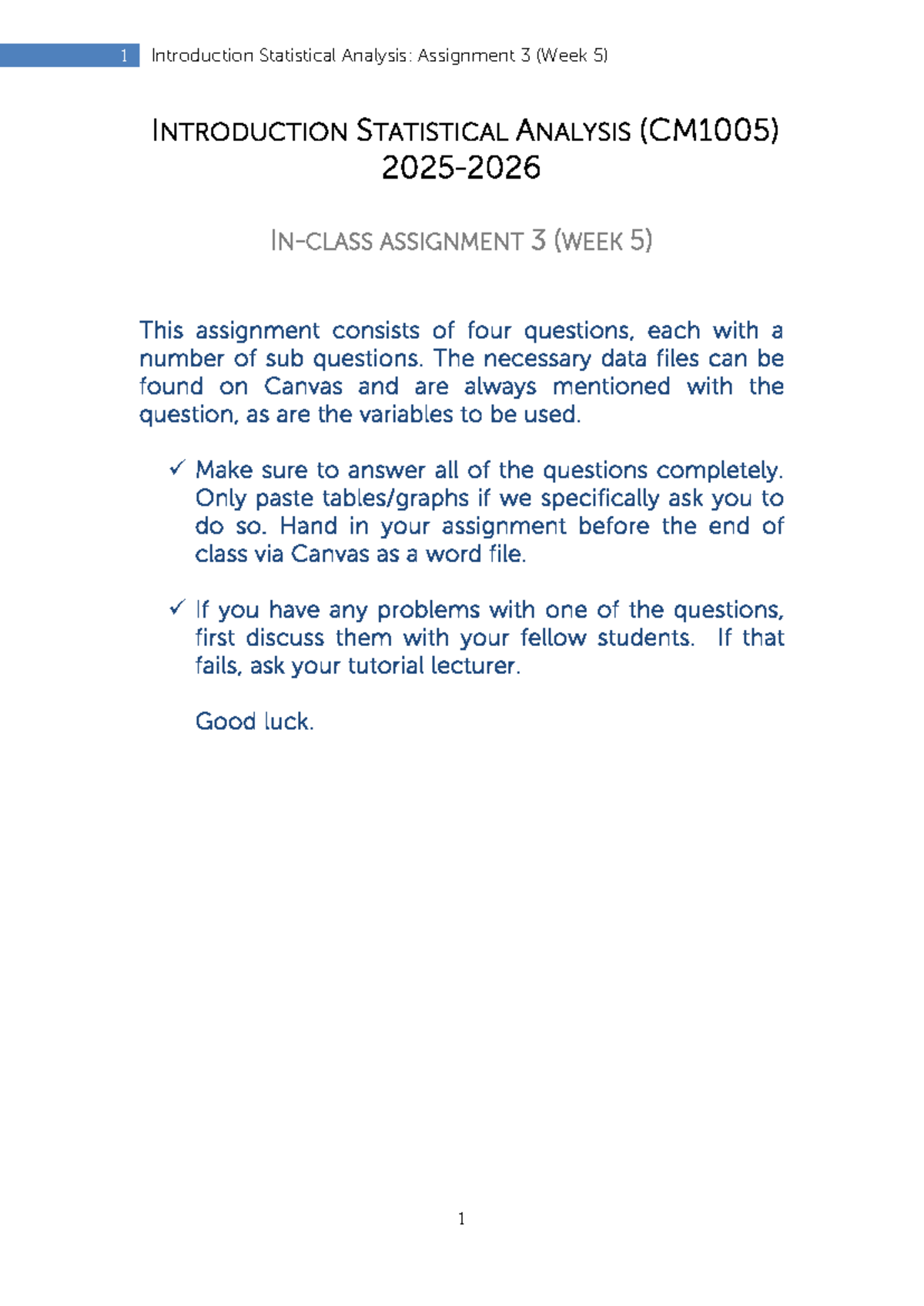 Statistical Analysis (CM1005) Assignment 3: Week 5 Overview - Studeersnel
