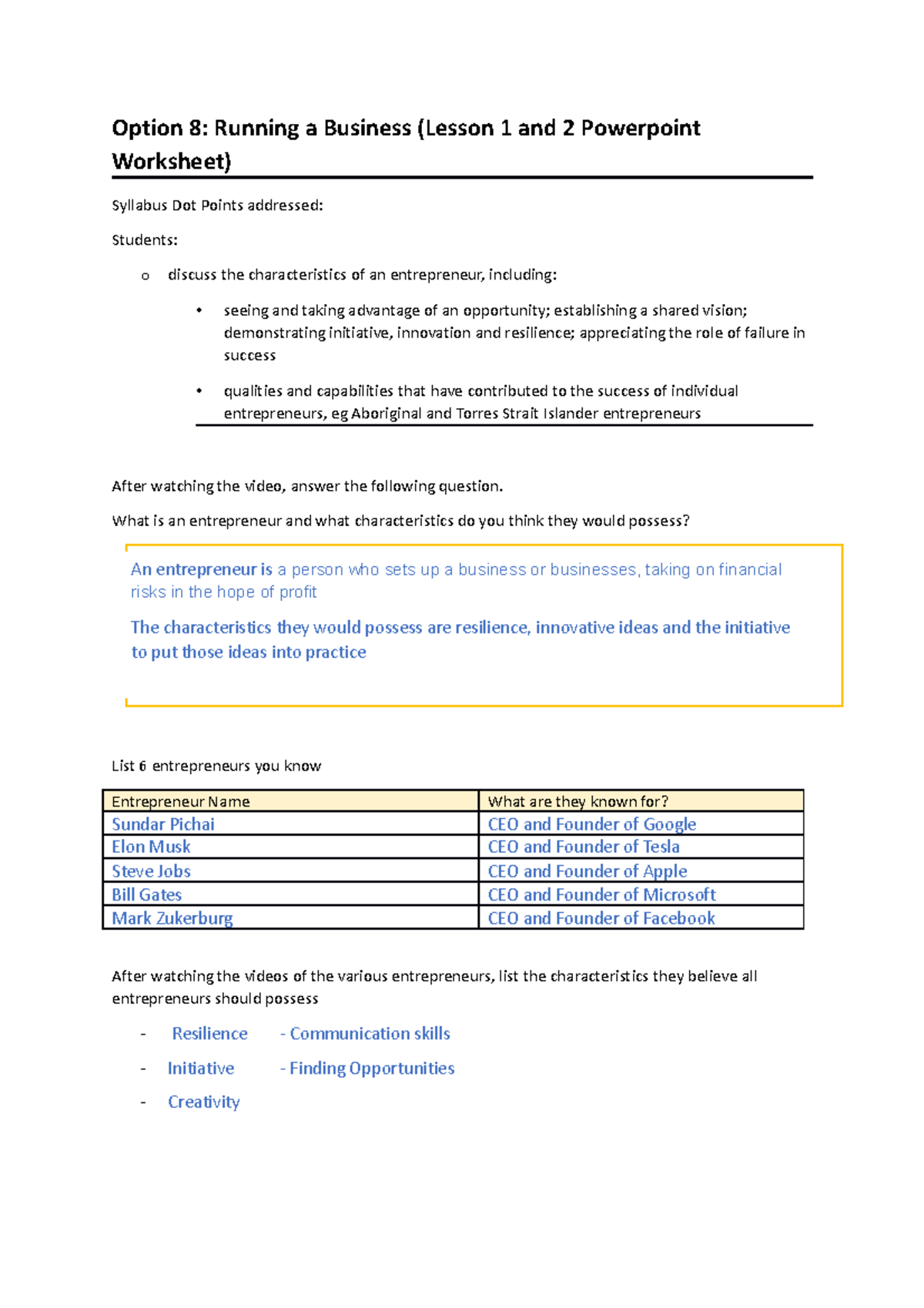 Lesson 1 & 2 Worksheet: Characteristics of Entrepreneurs ...