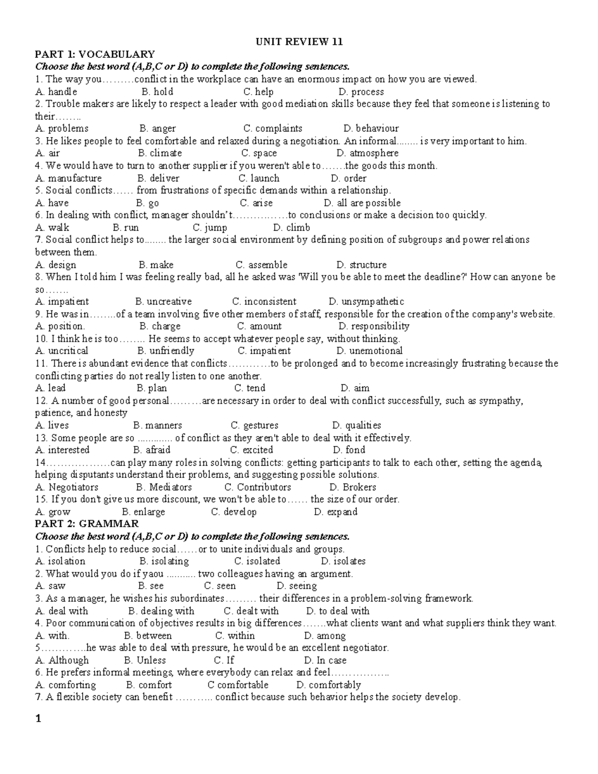 UNIT Review 11-S: Vocabulary, Grammar, and Reading Exercises - Studocu