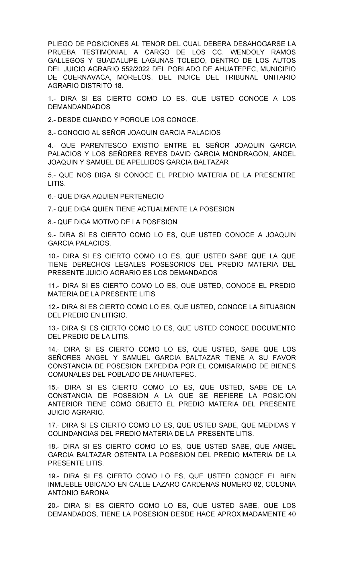 Testimonial Evidence for Agrarian Case 552/2022 - Ahuatepec - Studocu