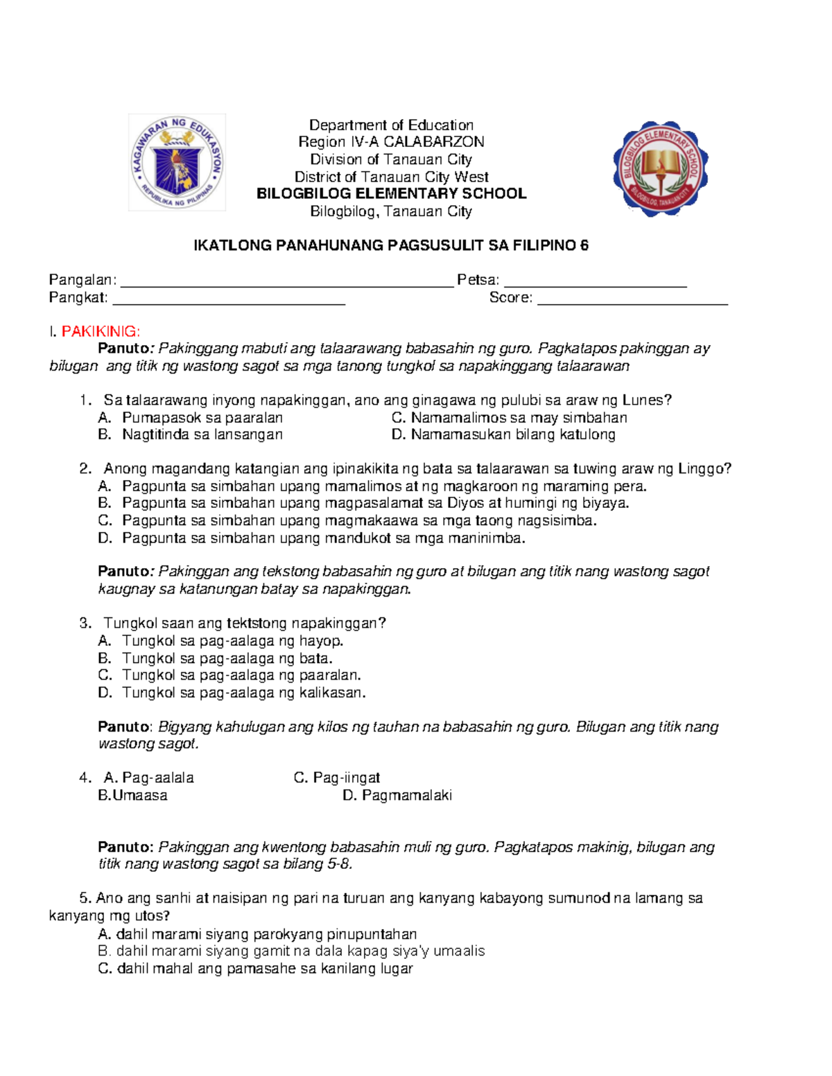 IKATLONG PANAHUNANG PAGSUSULIT SA FILIPINO 6 - Pagsusuri at Pagsasanay ...
