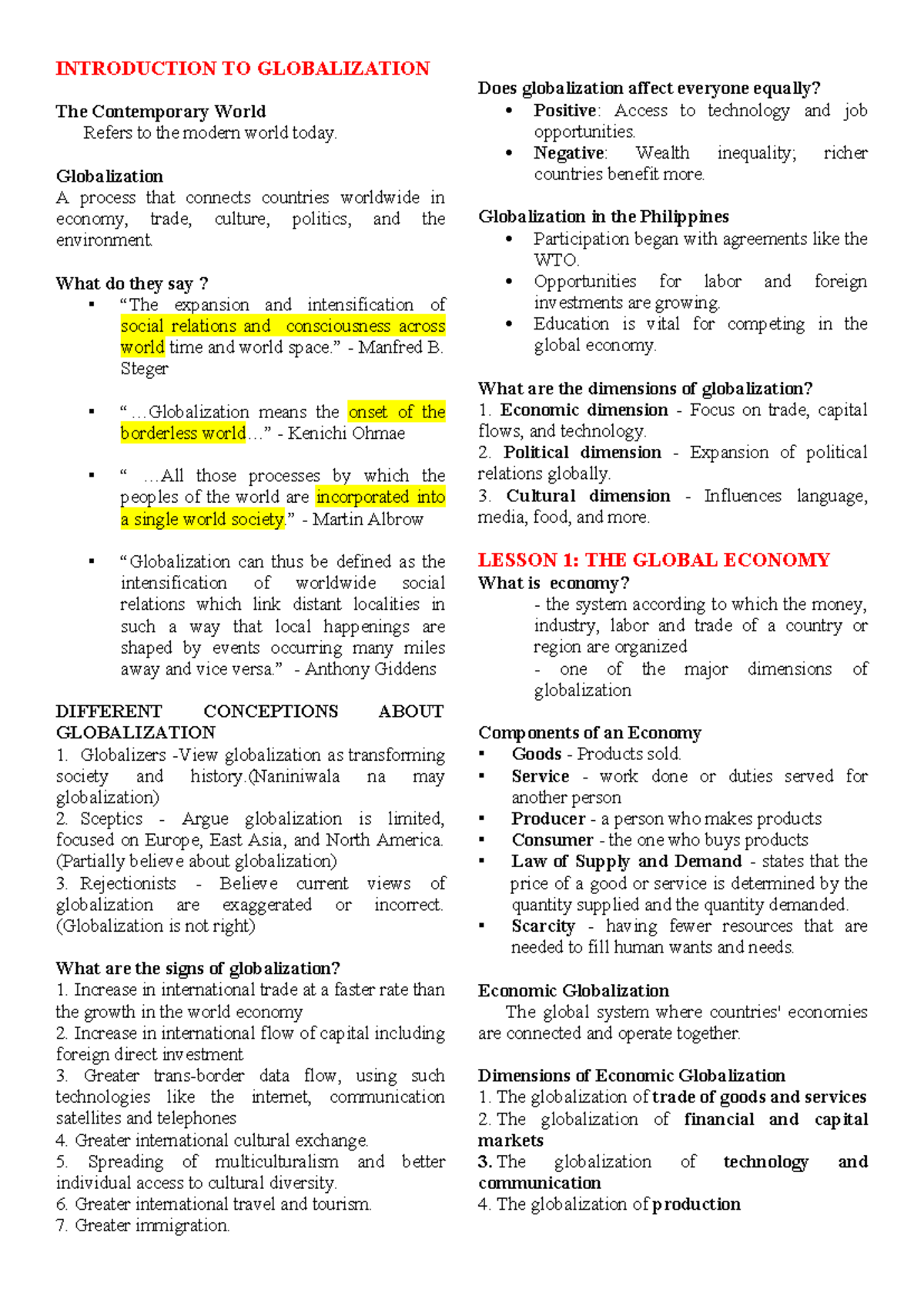 TCW - Midterm Lessons on Globalization and Economic Dynamics - Studocu
