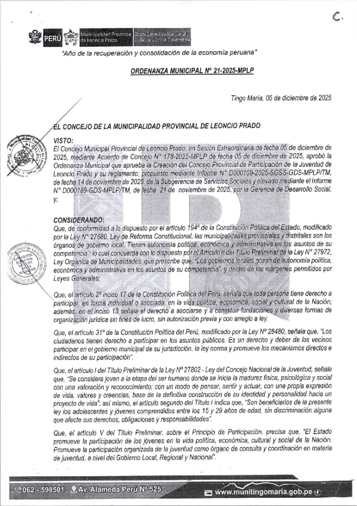 Ordenanza Municipal N°021-2025-MPLP: Creación del Concejo Provincial de ...