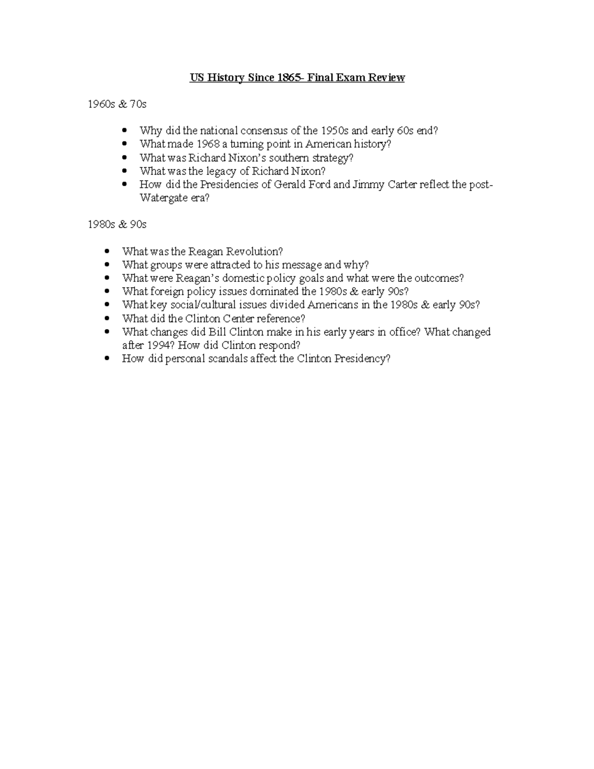 US History Since 1865 - Final Exam Review Guide - US History Since 1865 ...