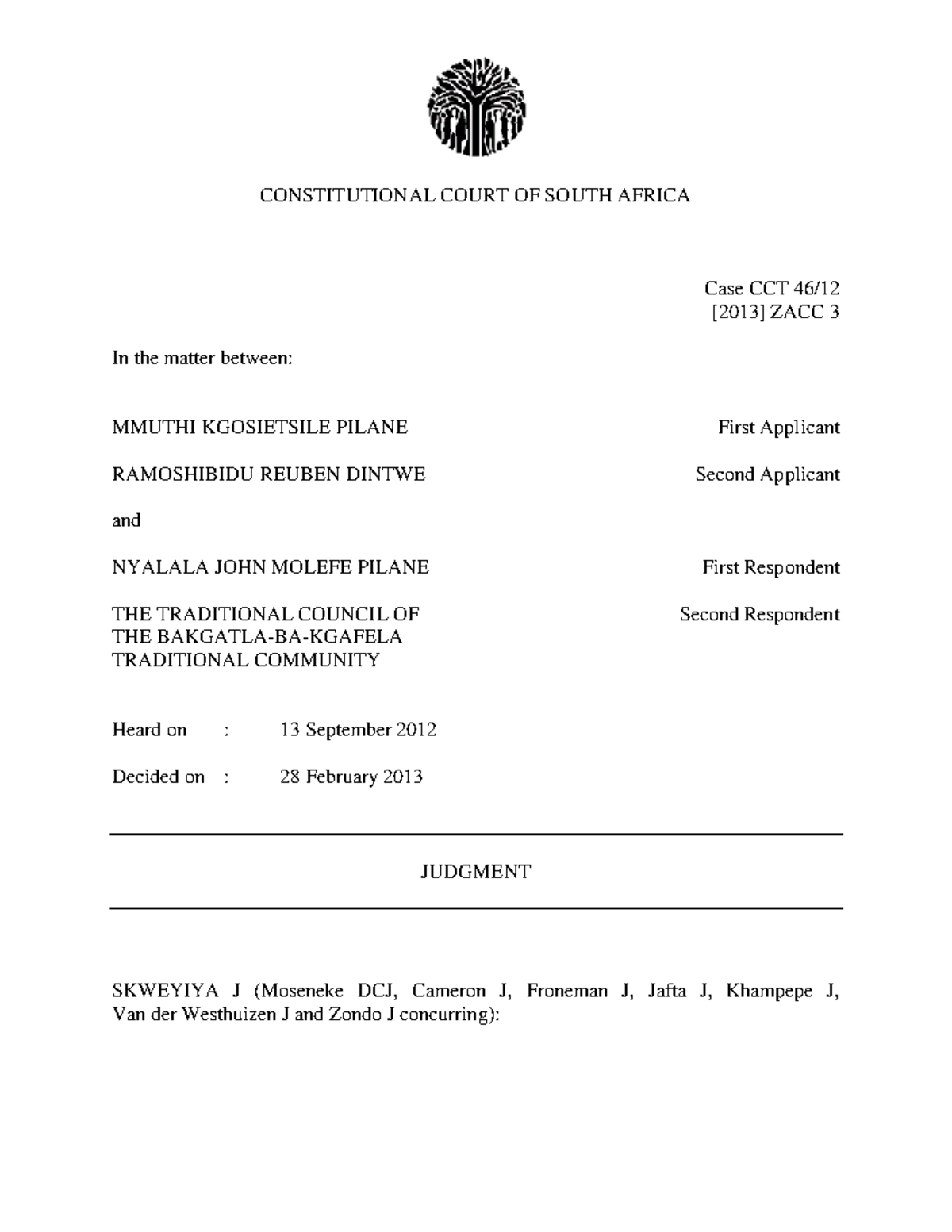 Pilane v Pilane CC (CCT 46/2013) - Judgment on Interdicts & Traditional ...