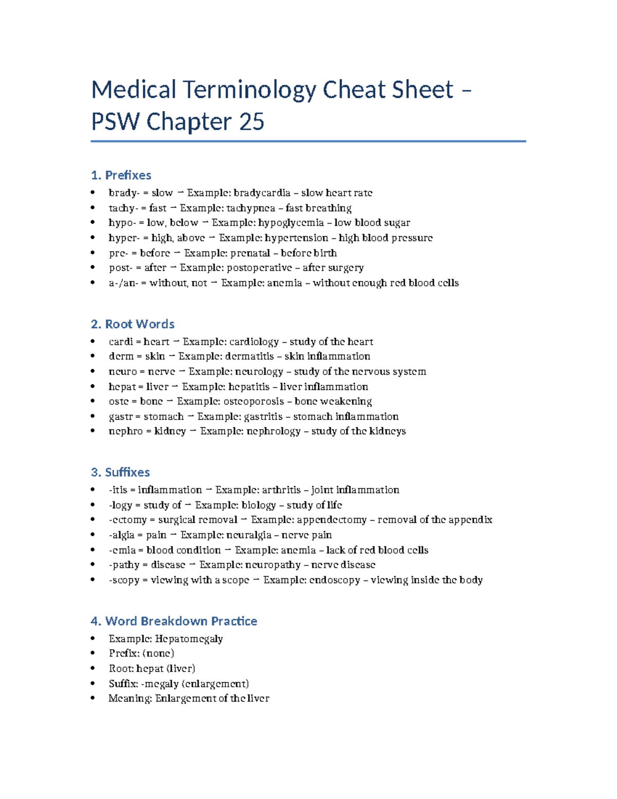 Medical Terminology Cheat Sheet PSW: Key Terms & Definitions - Studocu