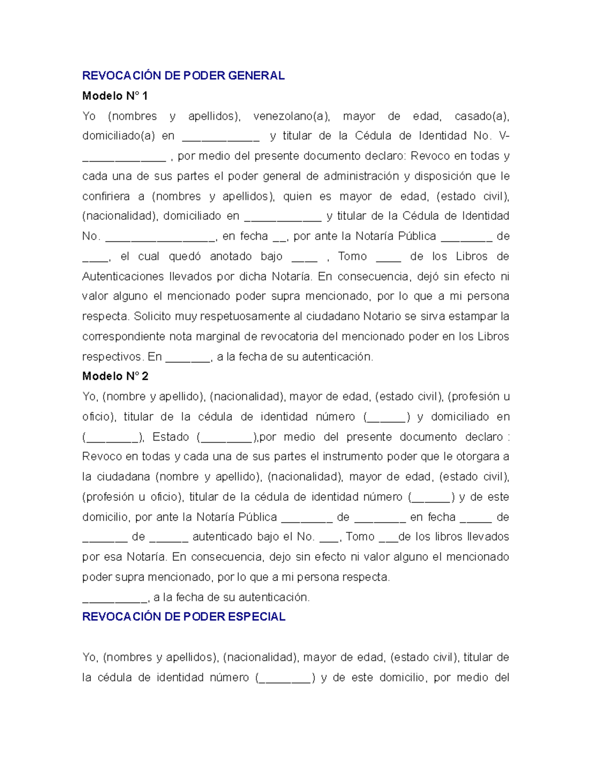 Modelos de Revocación de Poder General y Especial - Studocu