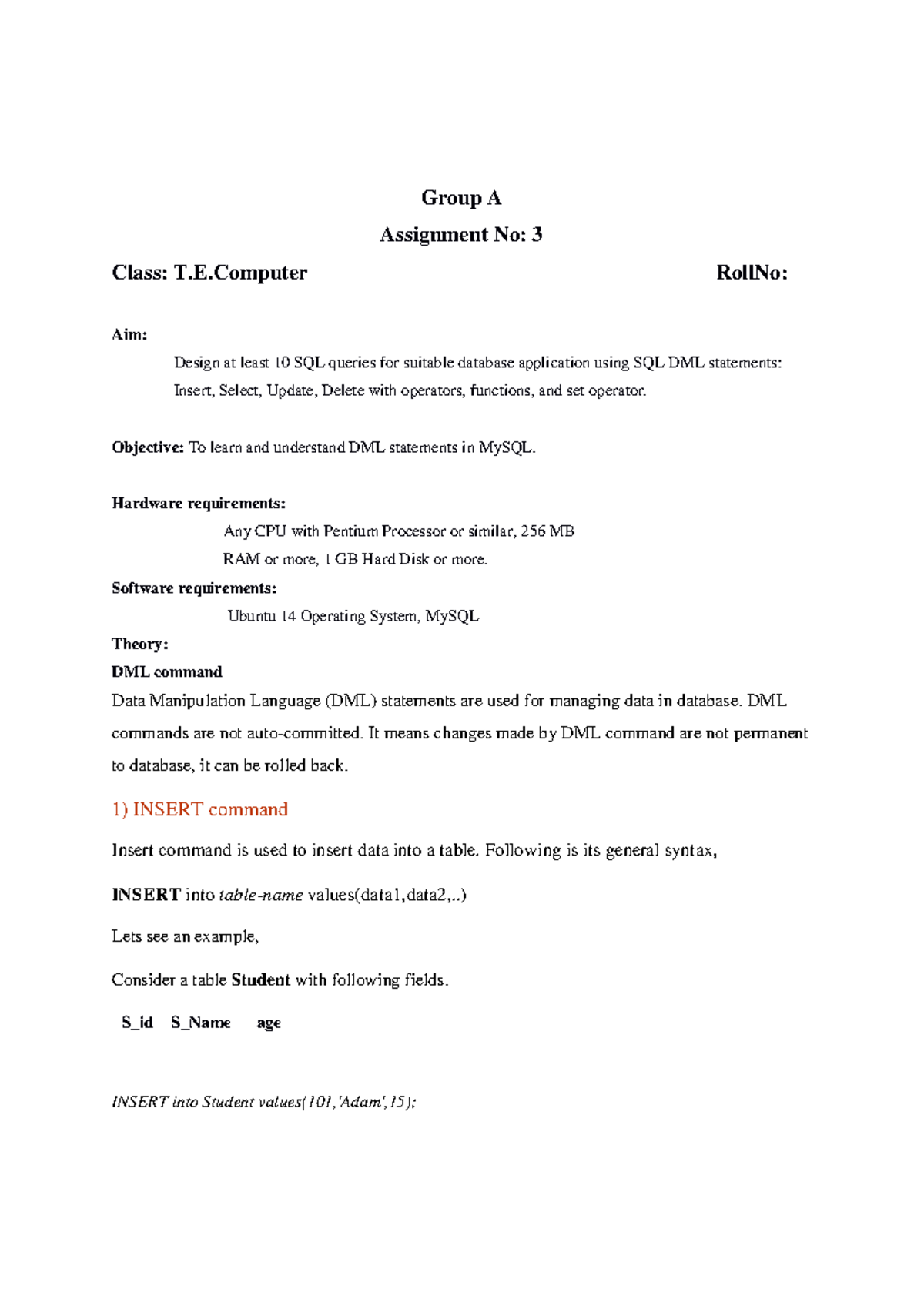 Assignment 3: SQL DML Queries for Database Applications - T.E.Computer ...
