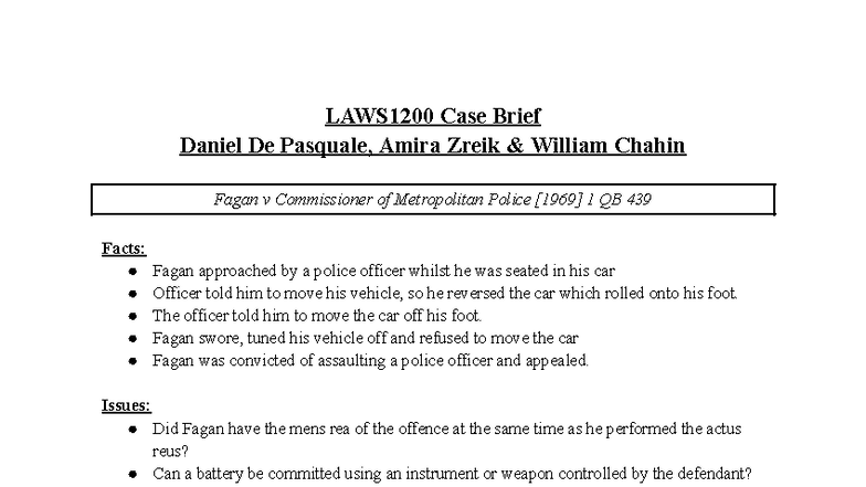 LAWS1300 Case Brief: Fagan v Commissioner of Metropolitan Police ...