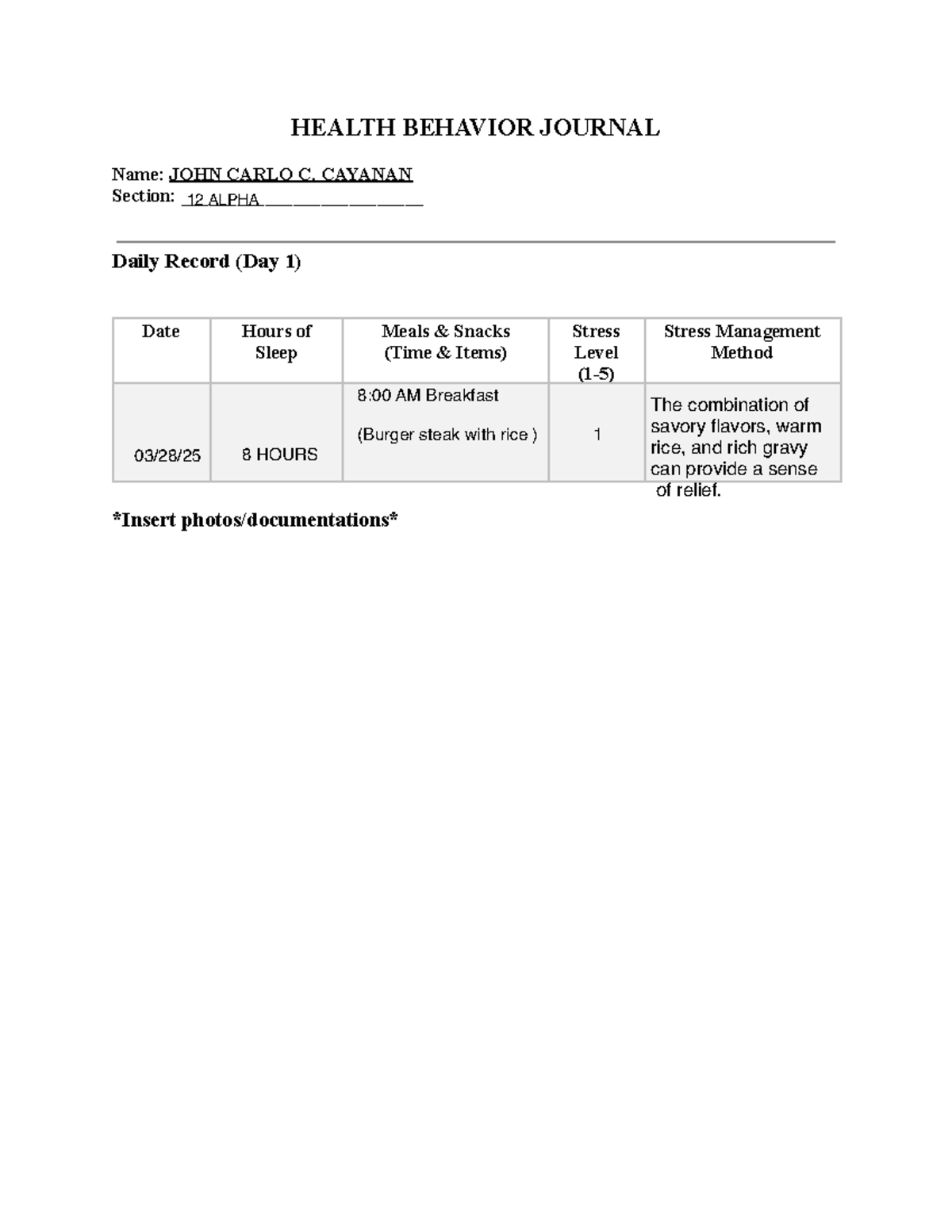 Health Behavior Journal (Template) - HEALTH BEHAVIOR JOURNAL Name: JOHN ...