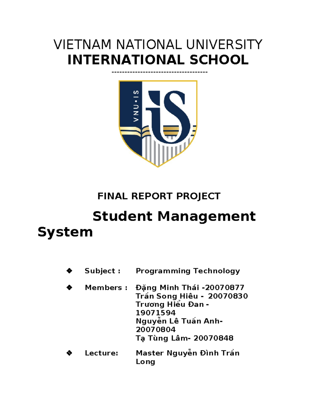 Final Report: Student Management System Project (INS310702) - Studocu
