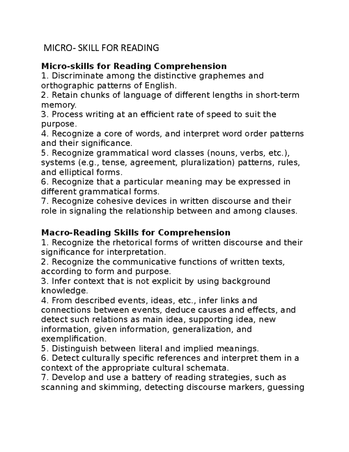 Microskill Reading - MICRO- SKILL FOR READING Micro-skills for Reading Comprehension ...