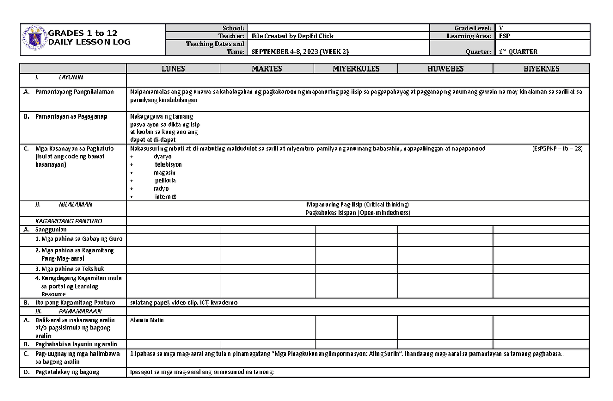 DLL ESP 5 Q1 W2 - Daily Lesson Log - GRADES 1 to 12 DAILY LESSON LOG School: Grade Level: V ...