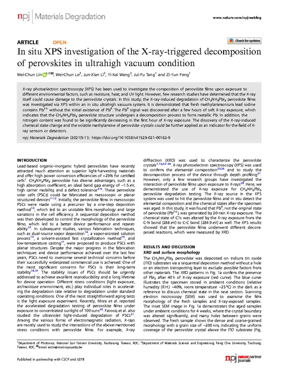In situ XPS Study of CH3NH3PbI3 Perovskite Decomposition (S41529 021 ...