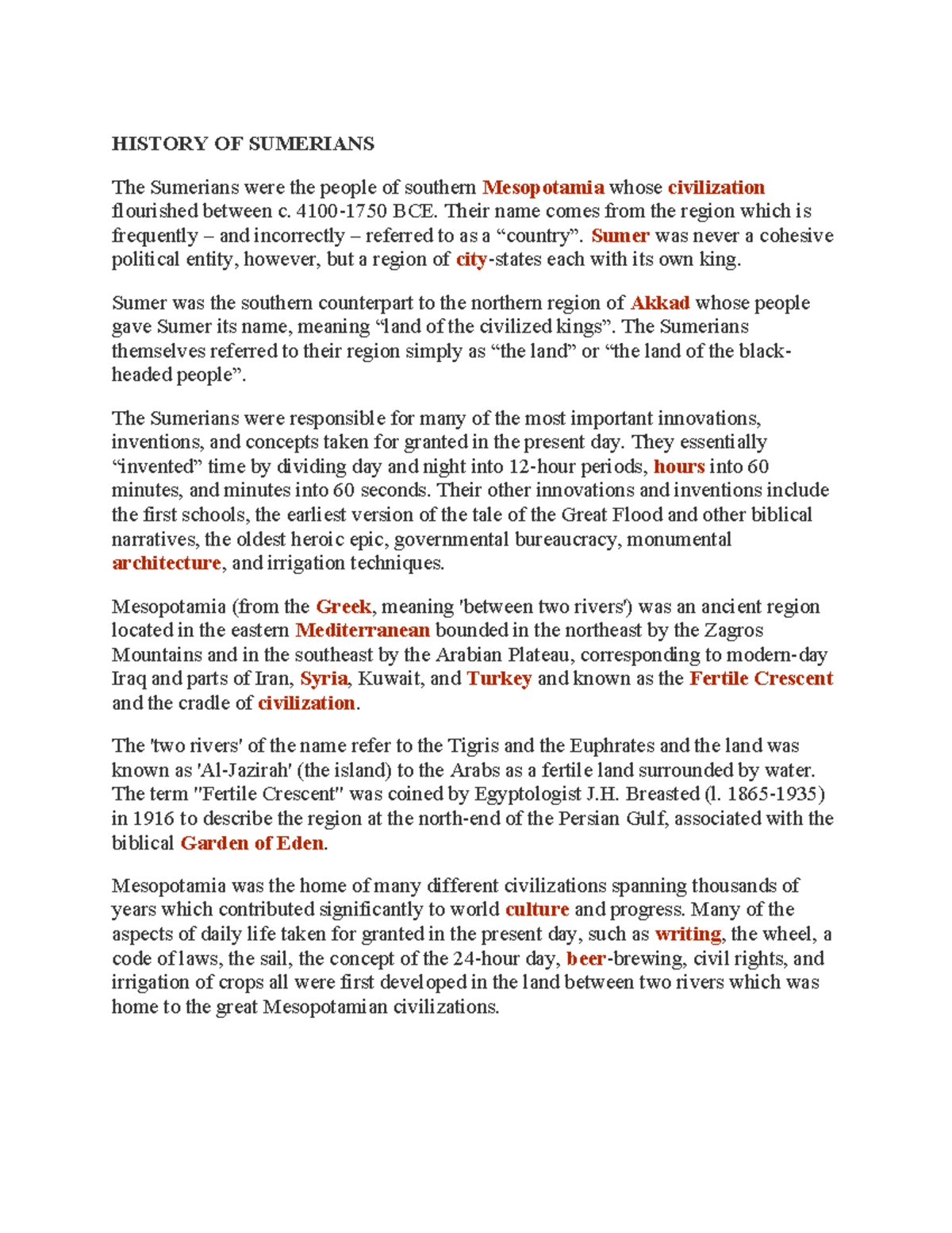 HIST 101: Overview of Sumerian Civilization and Innovations - Studocu