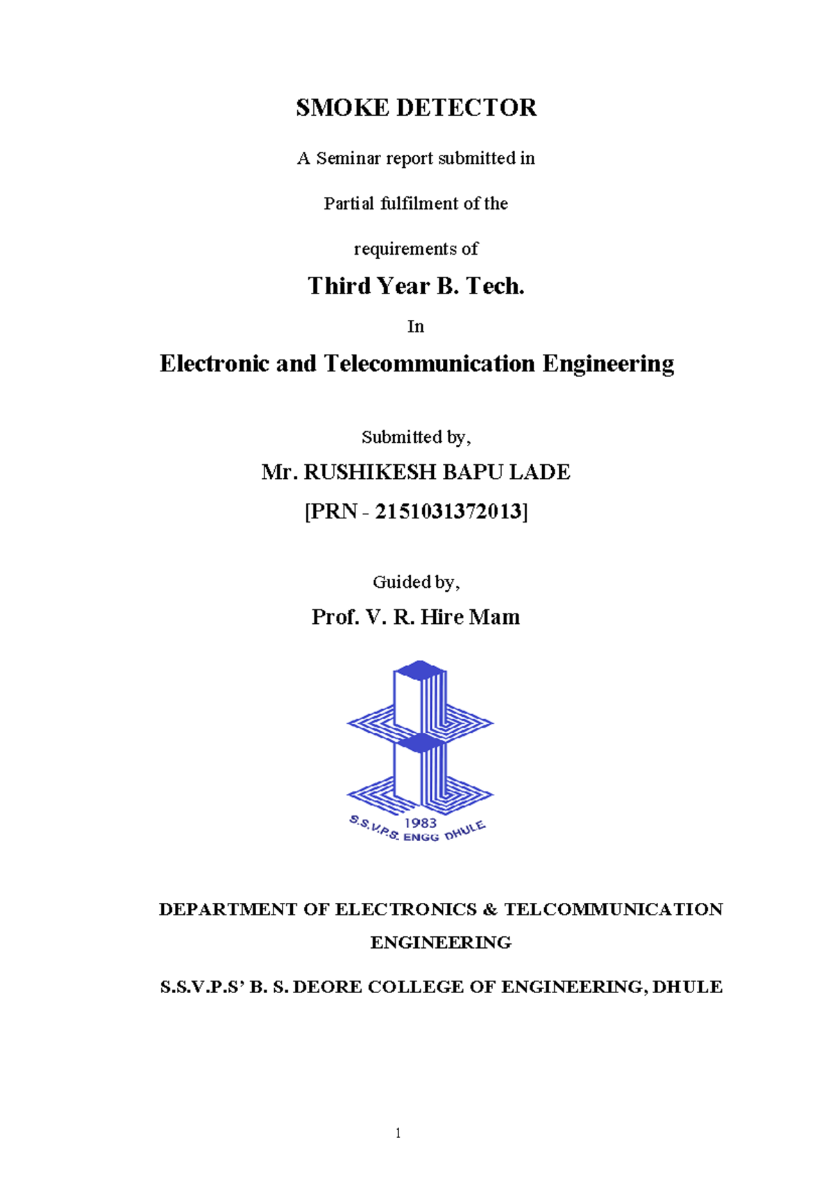SMOKE DETECTOR Mini Project Report for B. Tech. in ET Engineering - Studocu