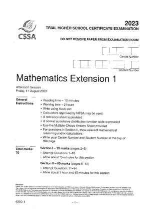 HSC Mathematics Extension 1 Exam 2025: Key Topics & Questions - Studocu