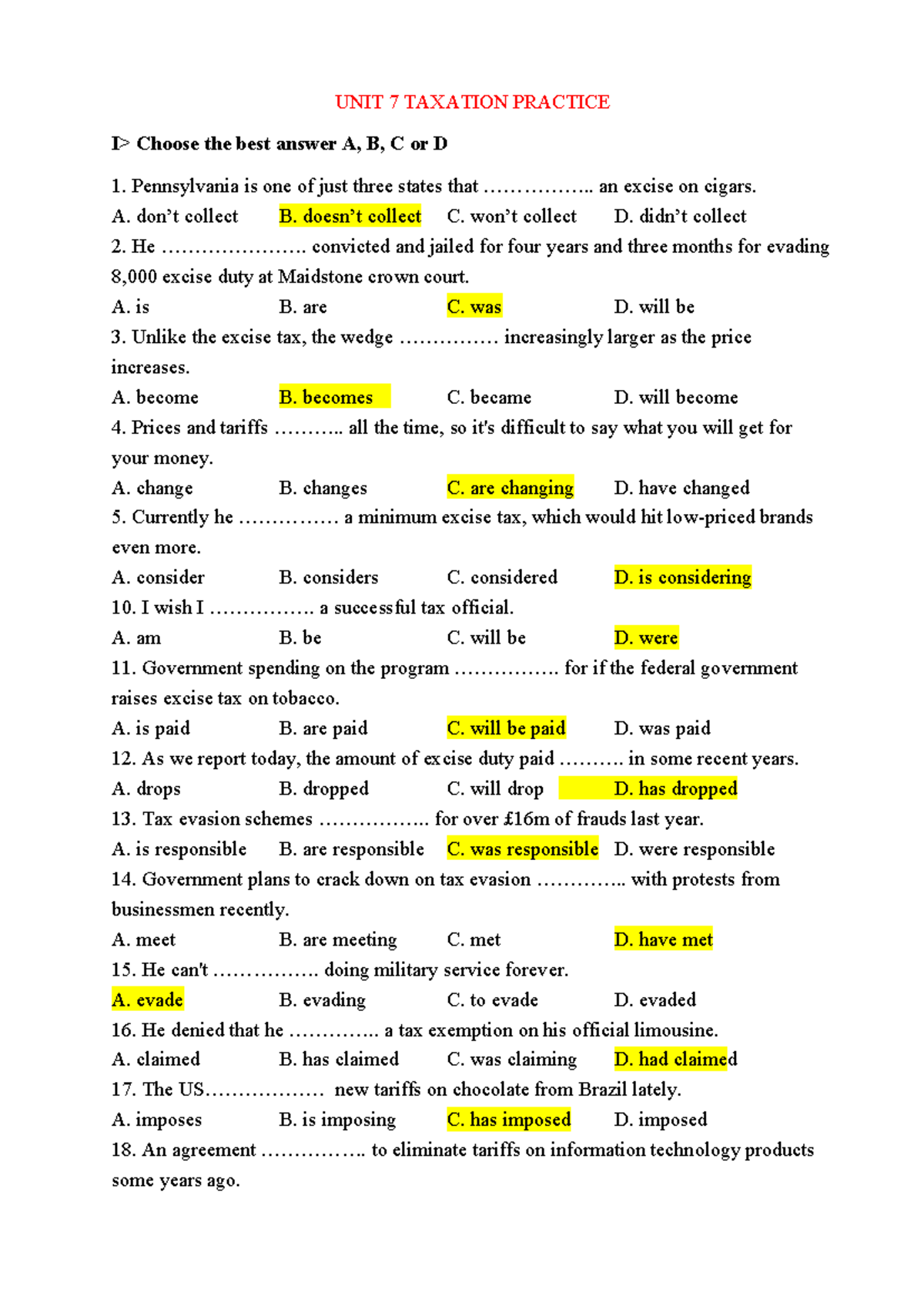 UNIT 7 TAXATION PRACTICE: Multiple Choice Questions - Studocu