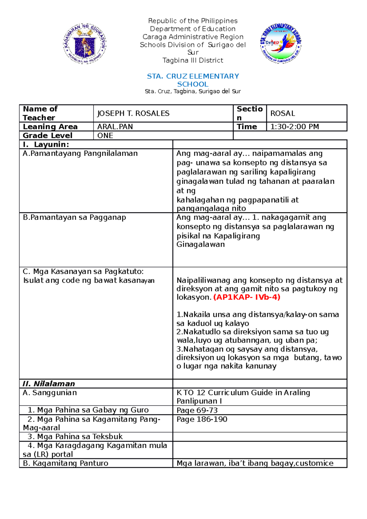 Detailed Lesson Plan in ARAL.PAN I: Understanding Distance and Location ...
