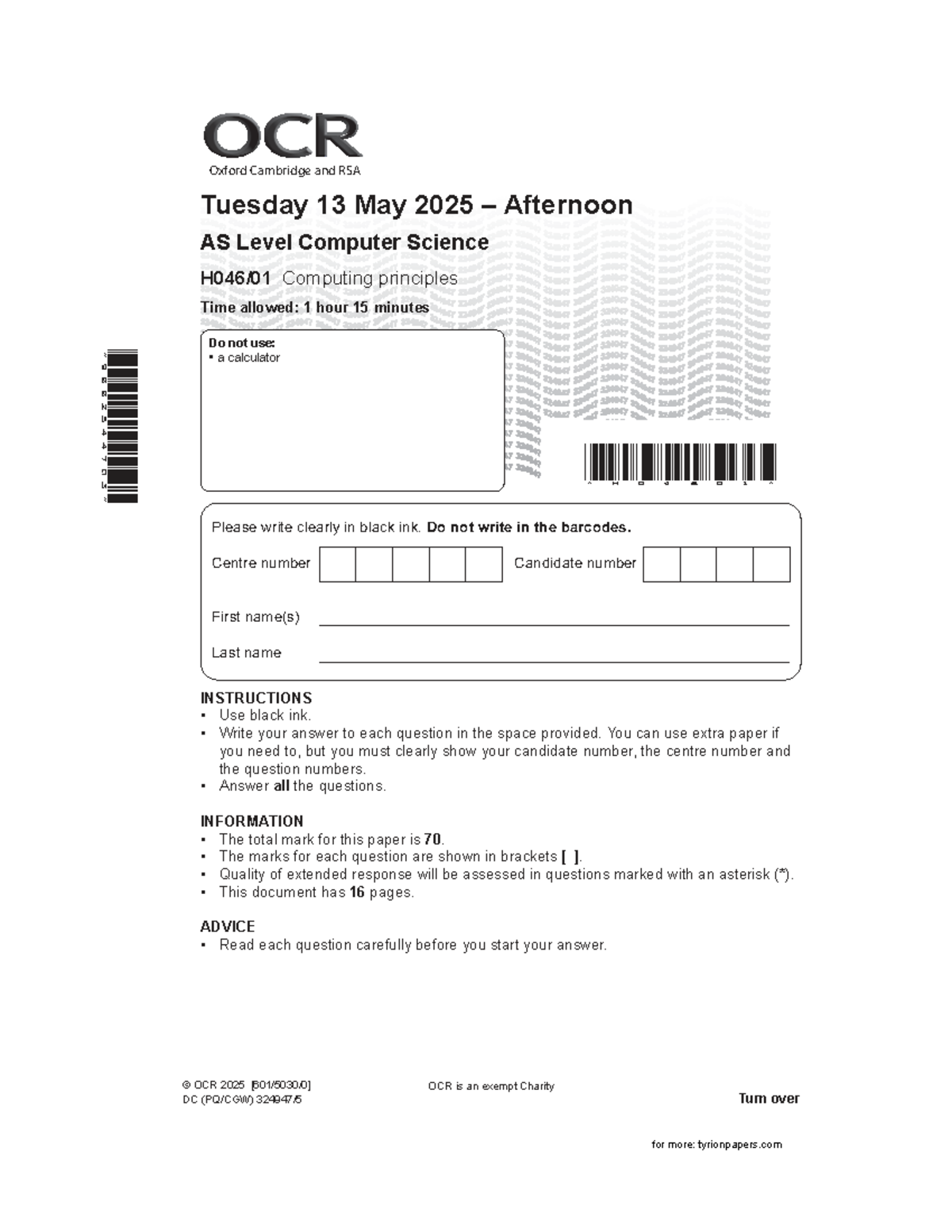 OCR H046/01 AS Level Computer Science Exam Paper - May 2025 - Studocu