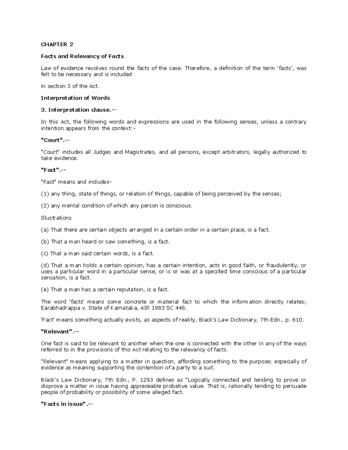 Relevancy of Facts and Evidence in Law: Chapter 2 Analysis - Studocu