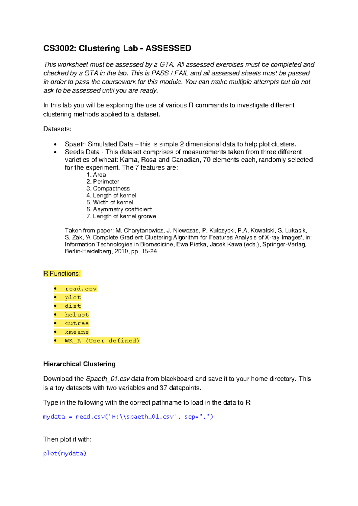 CS3002: Assessed Clustering Lab with R - Final Worksheet - Studocu