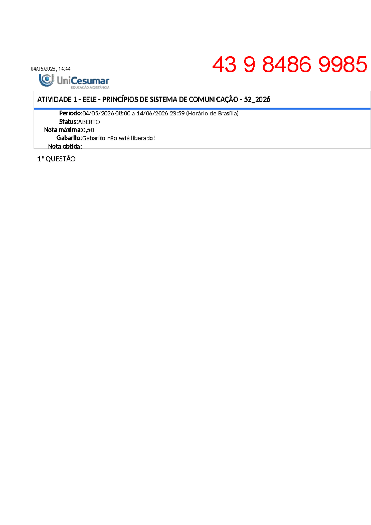 Final Gabarito Atividade 1 - EELE: Princípios de Sistema de Comunicação ...